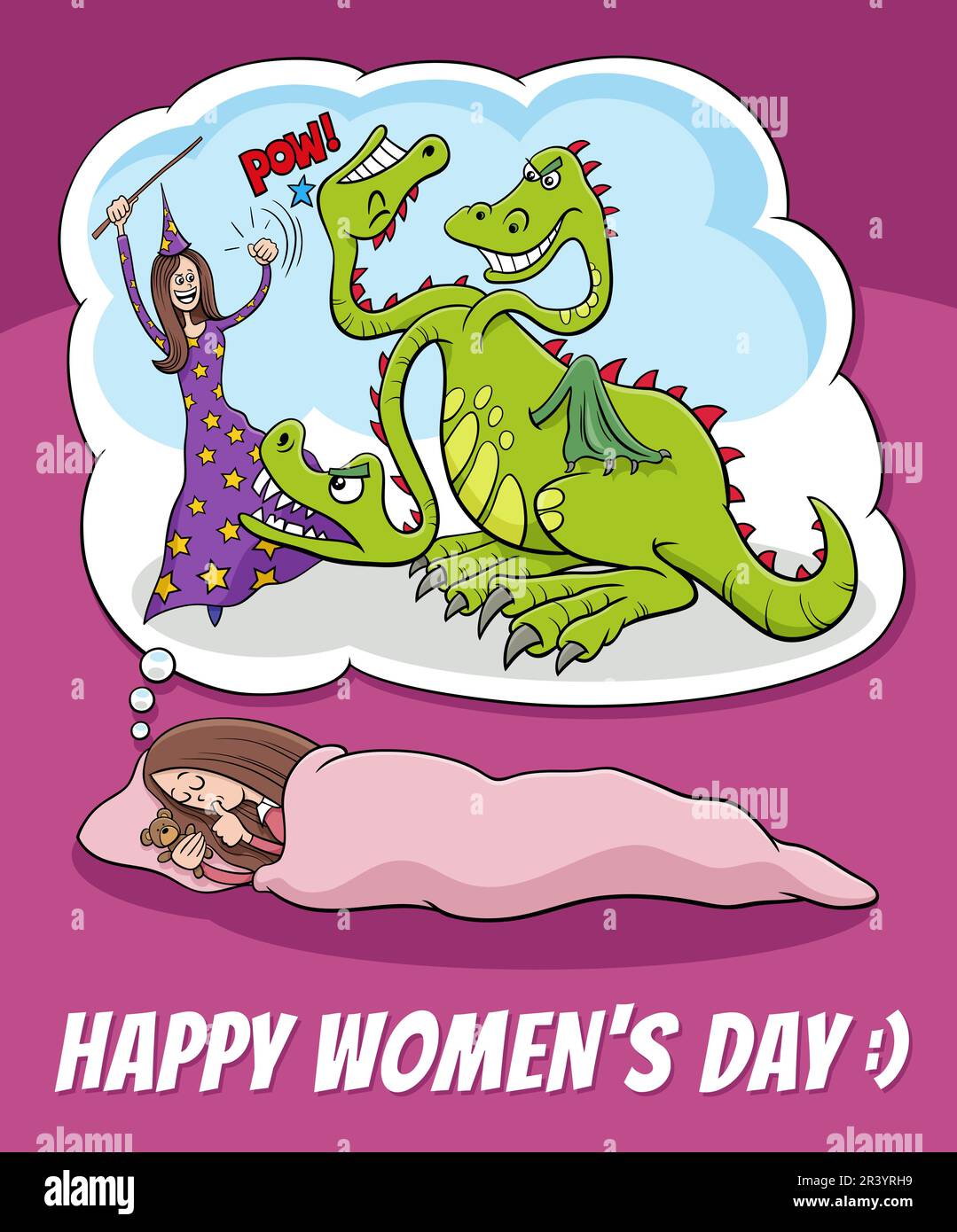 Women's Day design with cartoon woman dreaming Stock Photo - Alamy