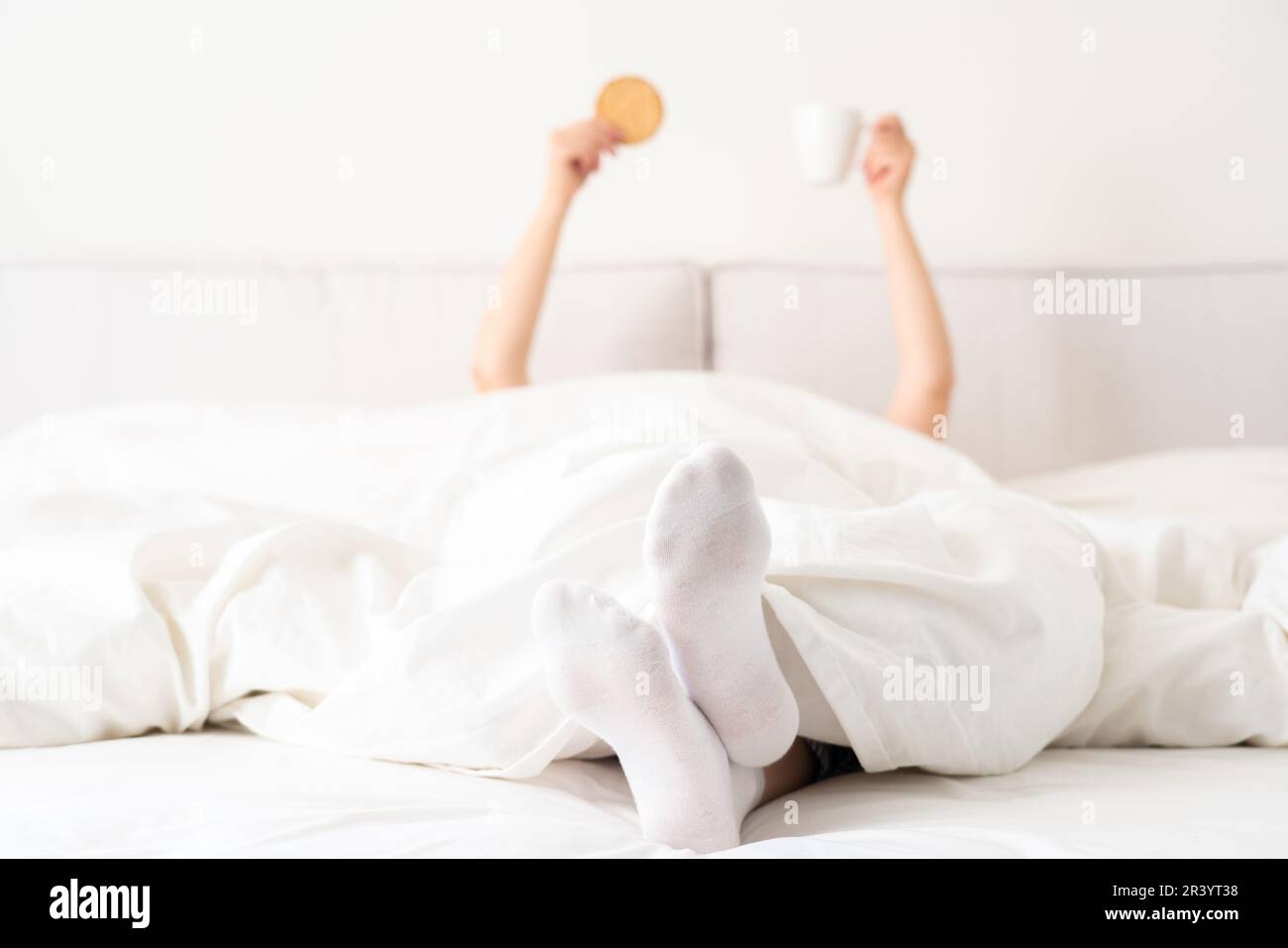 Female hand holding cup of coffee and cracker from under a blanket in ...