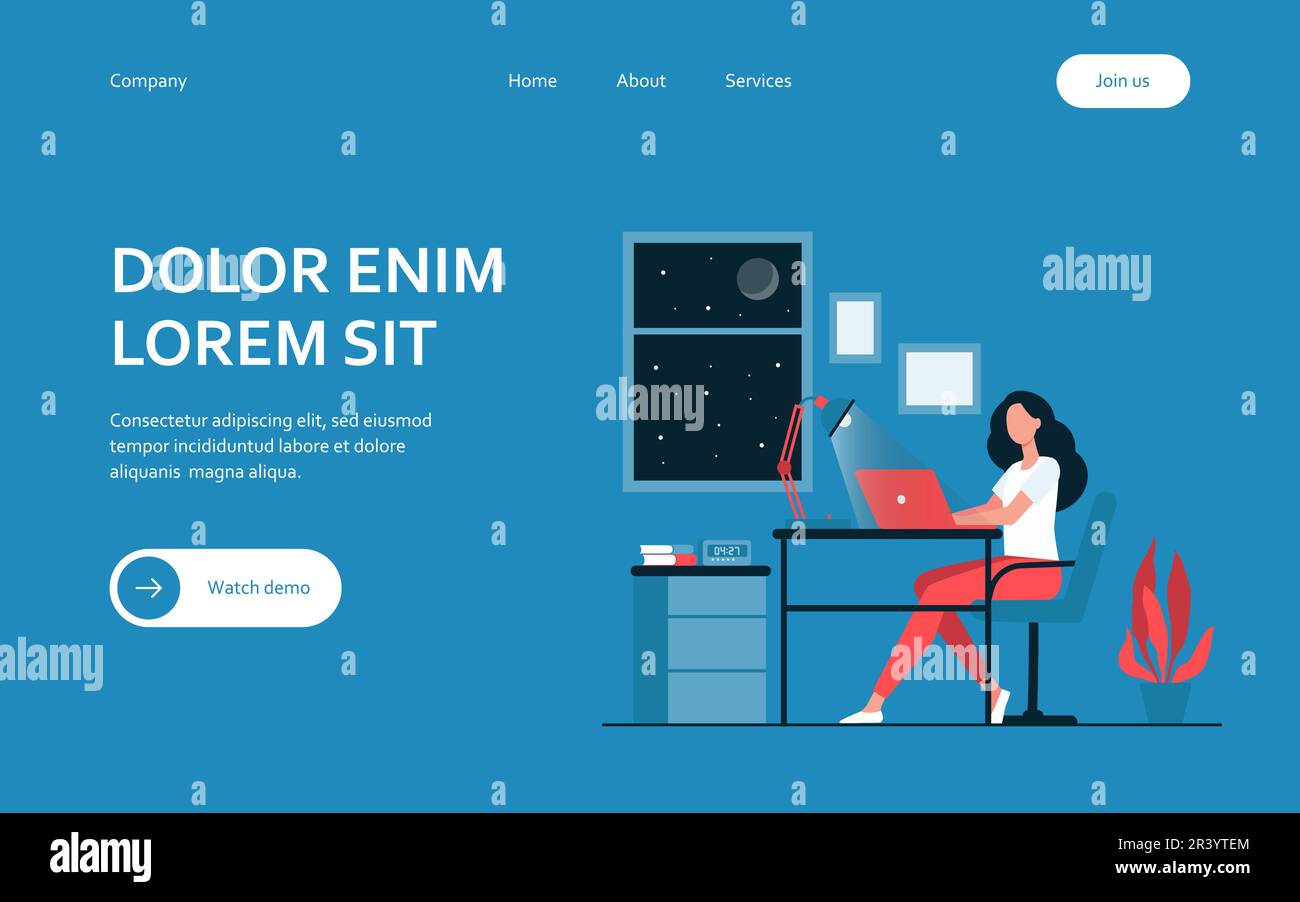 Female designer working late in room flat vector illustration Stock ...