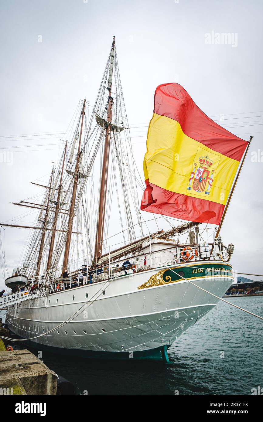 Big Spanish flag seen on the Juan Sebastian de Elcano historical ship ...