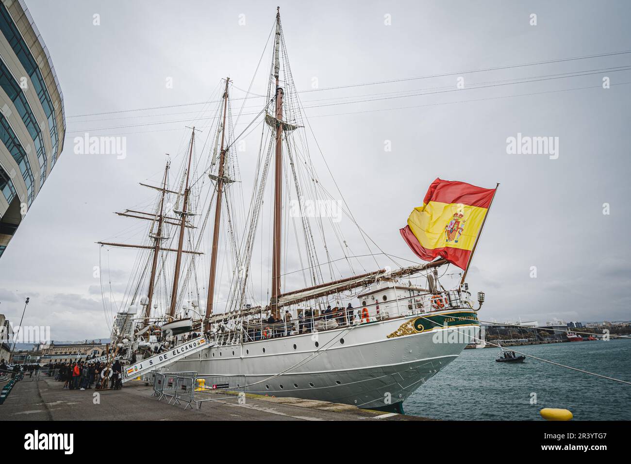 Tourists visiting the Juan Sebastian Elcano ship in the city of ...