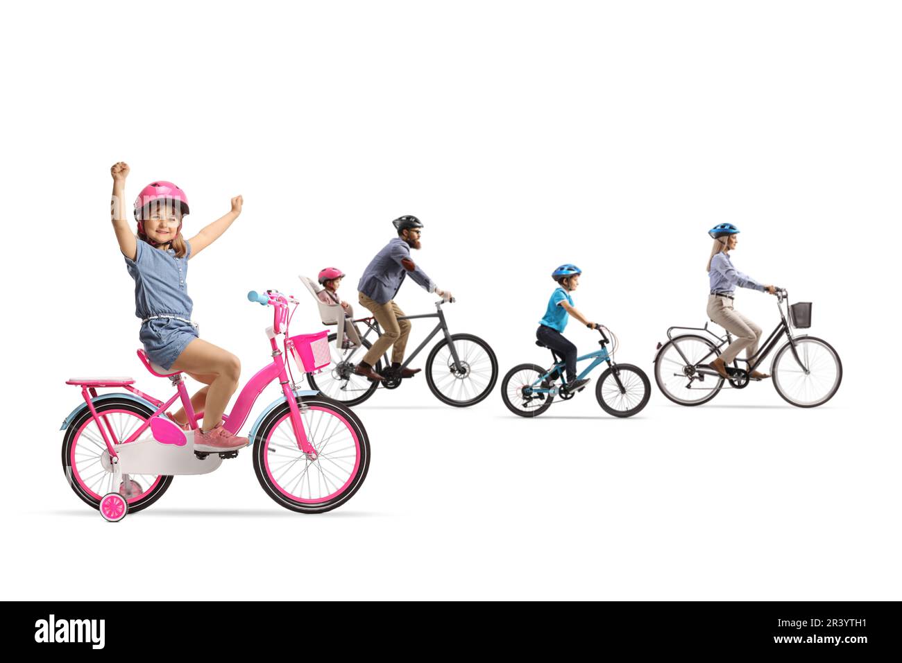 Family riding bicycles and a girl gesturing happiness on her bicycle ...