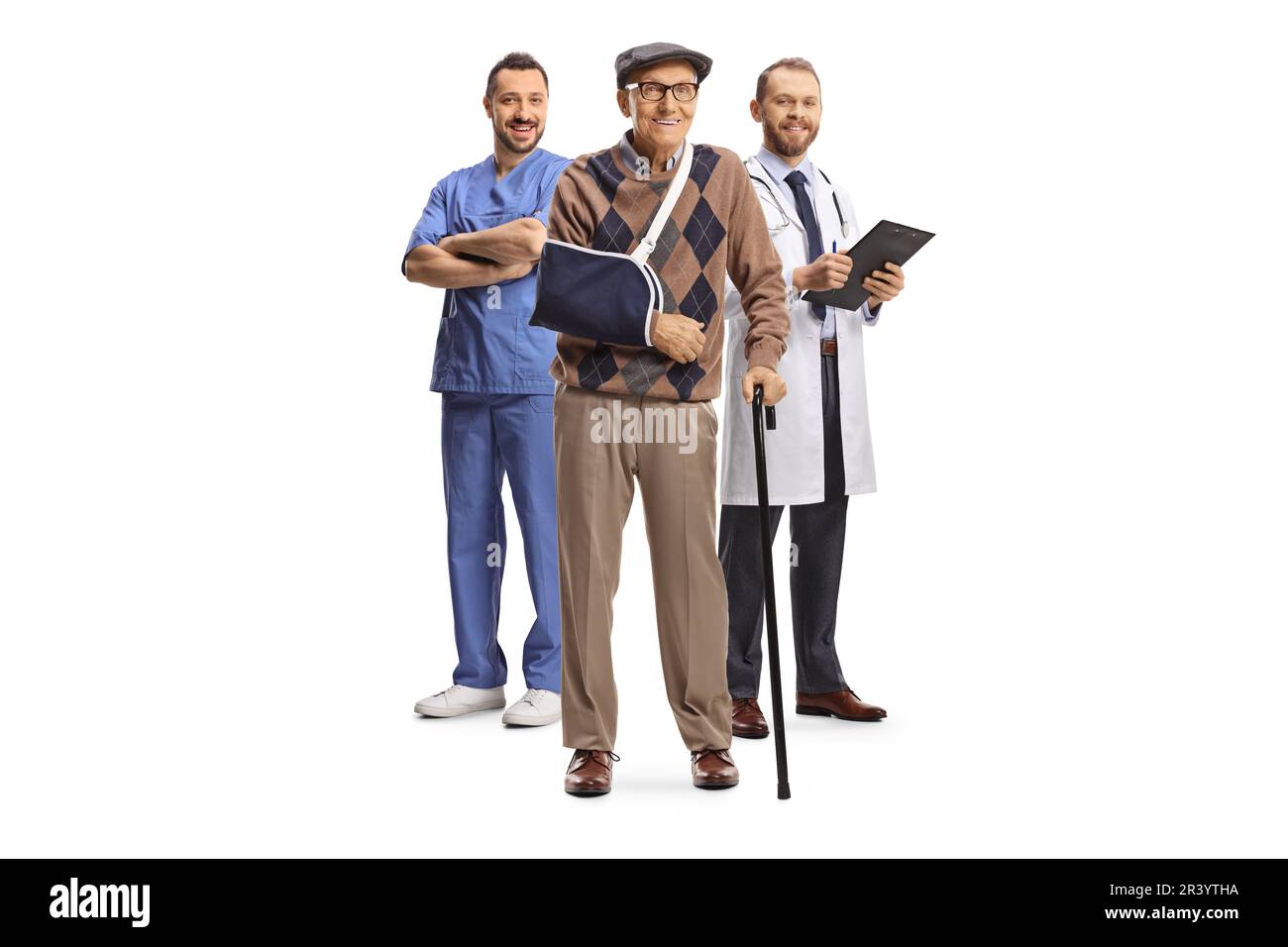 Doctor and a male nurse standing behind a senior male patient isolated ...