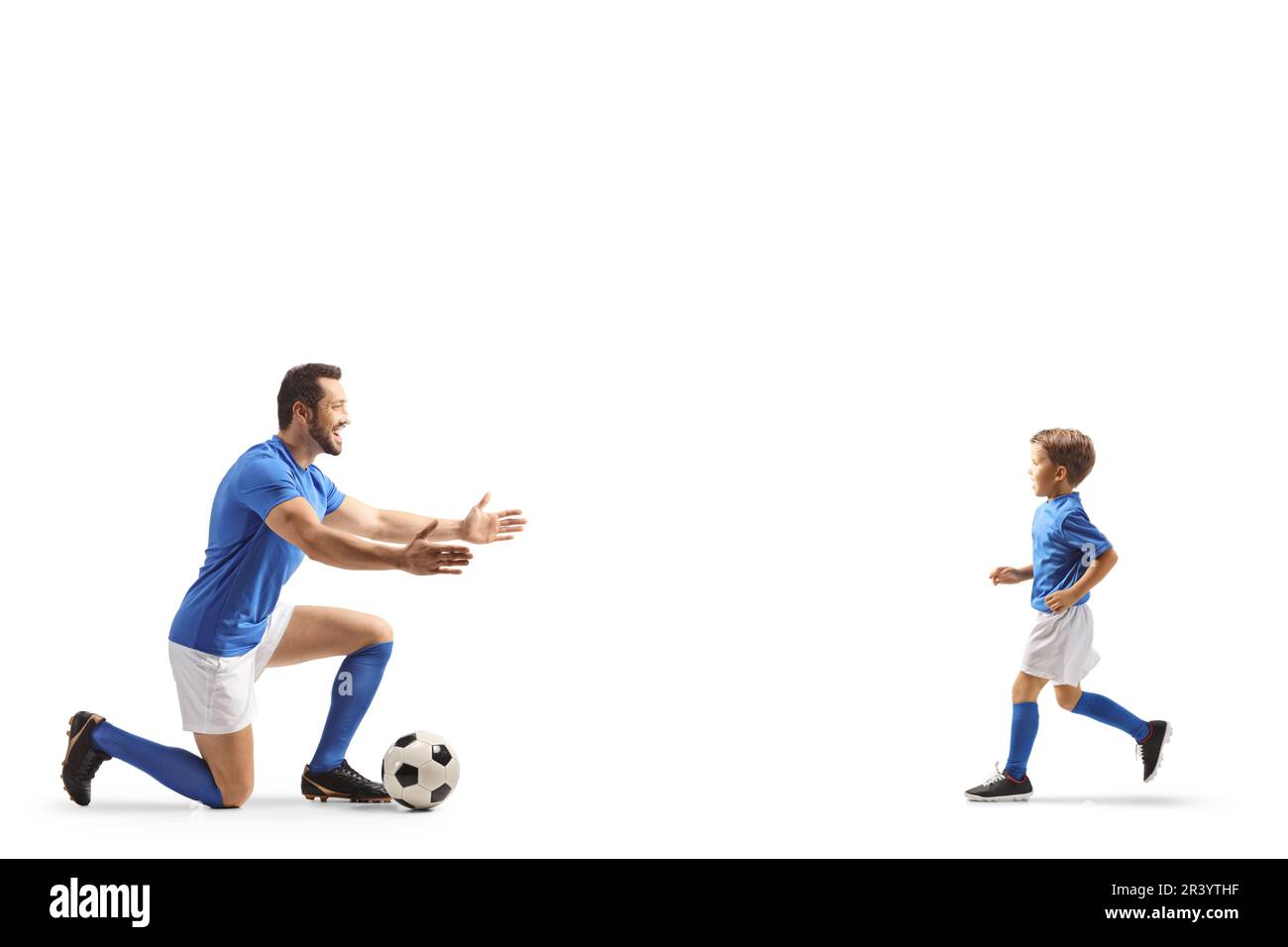 Football player kneeling and waiting to hug a little boy isolated on ...