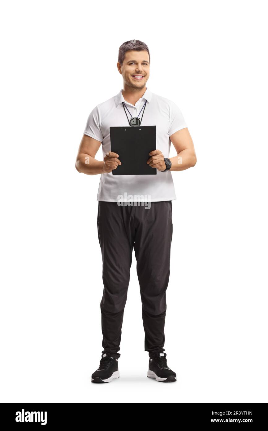 Full length portrait of a sports coach holding a clipboard and smiling ...