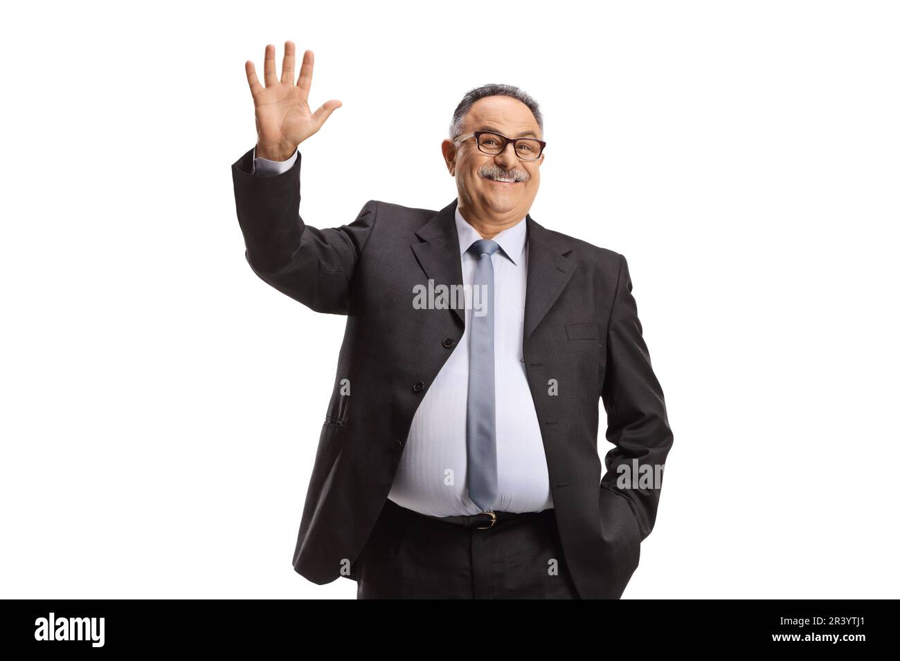 Portrait of a mature businessman waving hello isolated on white ...