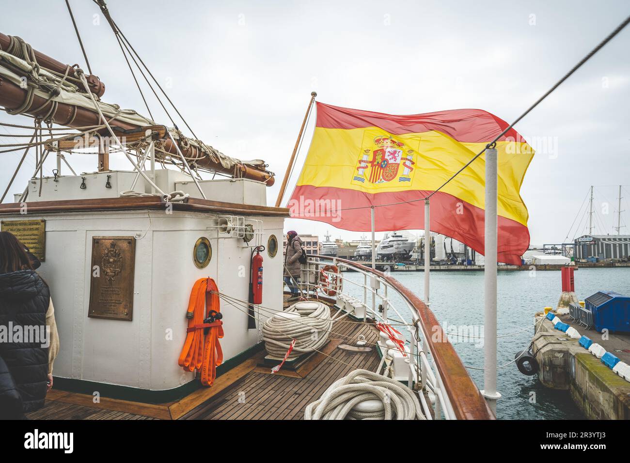 Spanish flag seen on the boat deck of the Juan Sebastian de Elcano ...