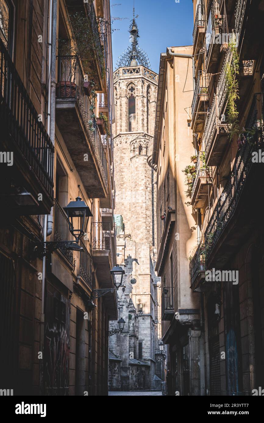 View of a tower of the Barcelona cathedral from the Freneria street in ...