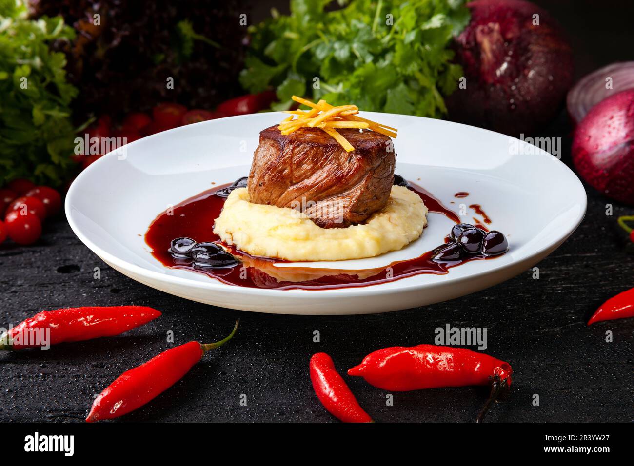 roasted and grilled steak with mashed potatoes, filet mignon Stock ...