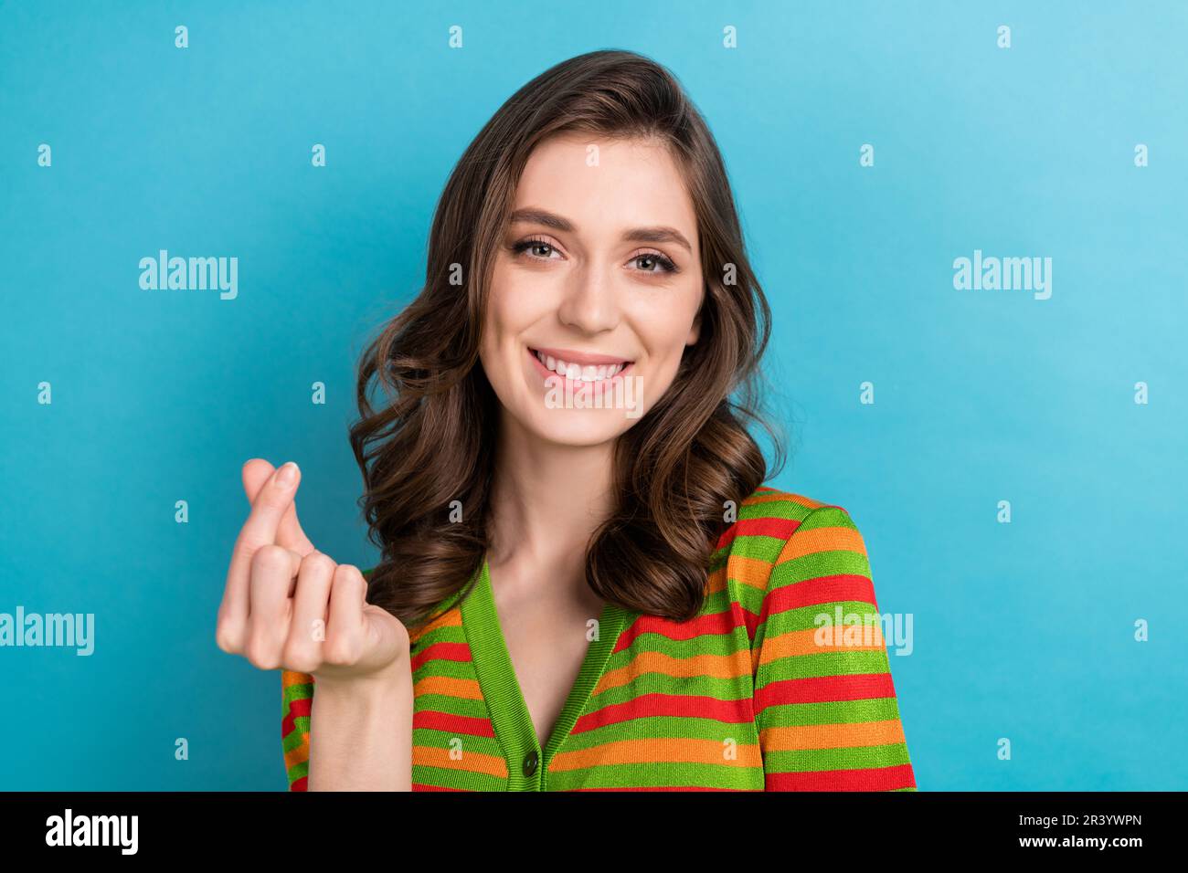 Closeup photo of young charming girl with wavy brown hair show korean ...