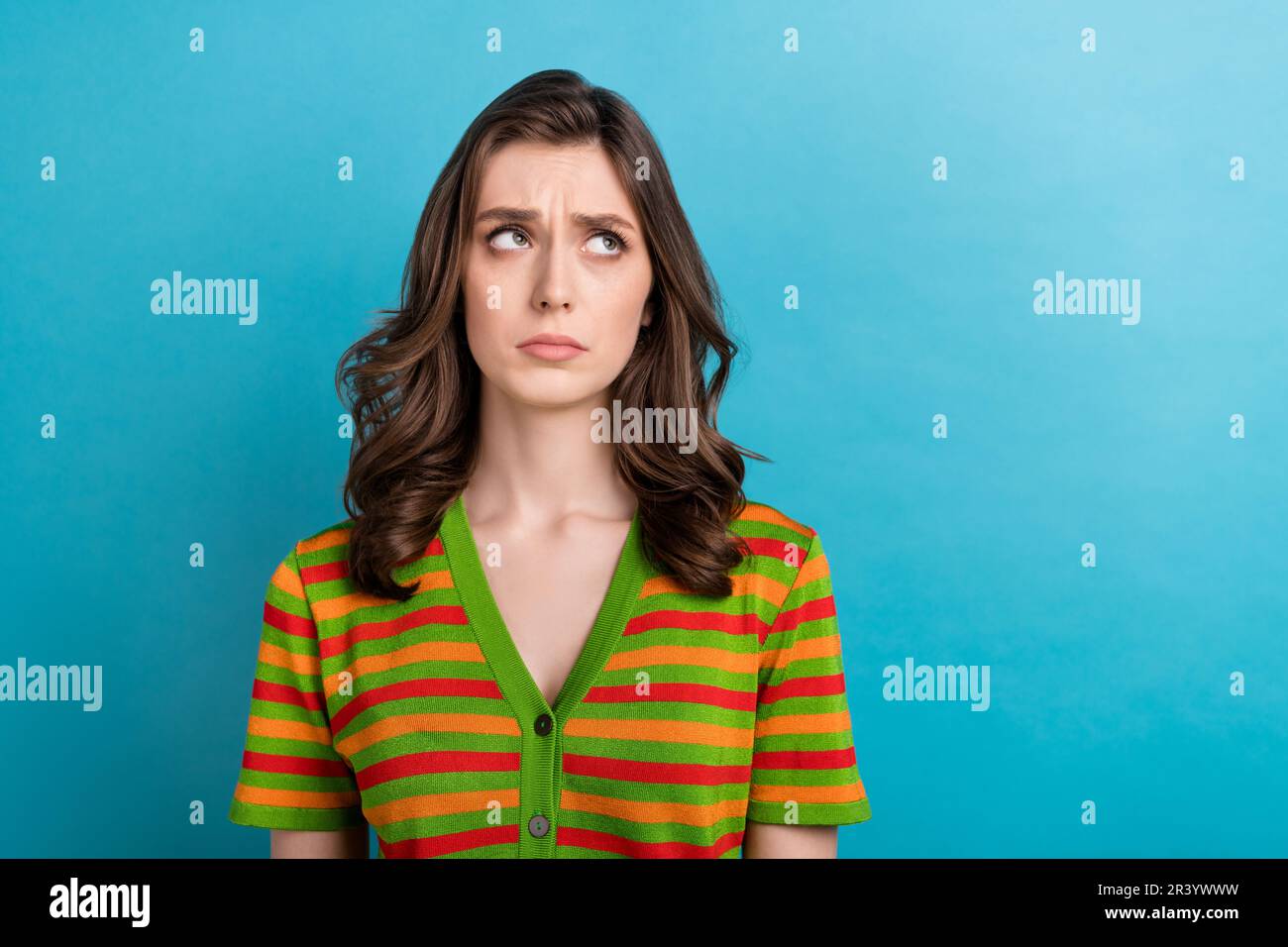 Closeup portrait of young depressed shamed woman brown curls sad face ...