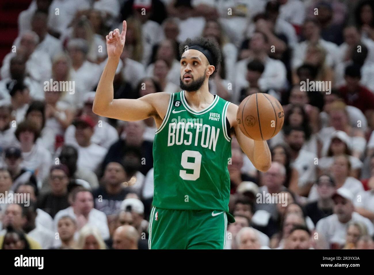Boston Celtics guard Derrick White (9) gestures during Game 4 of the ...