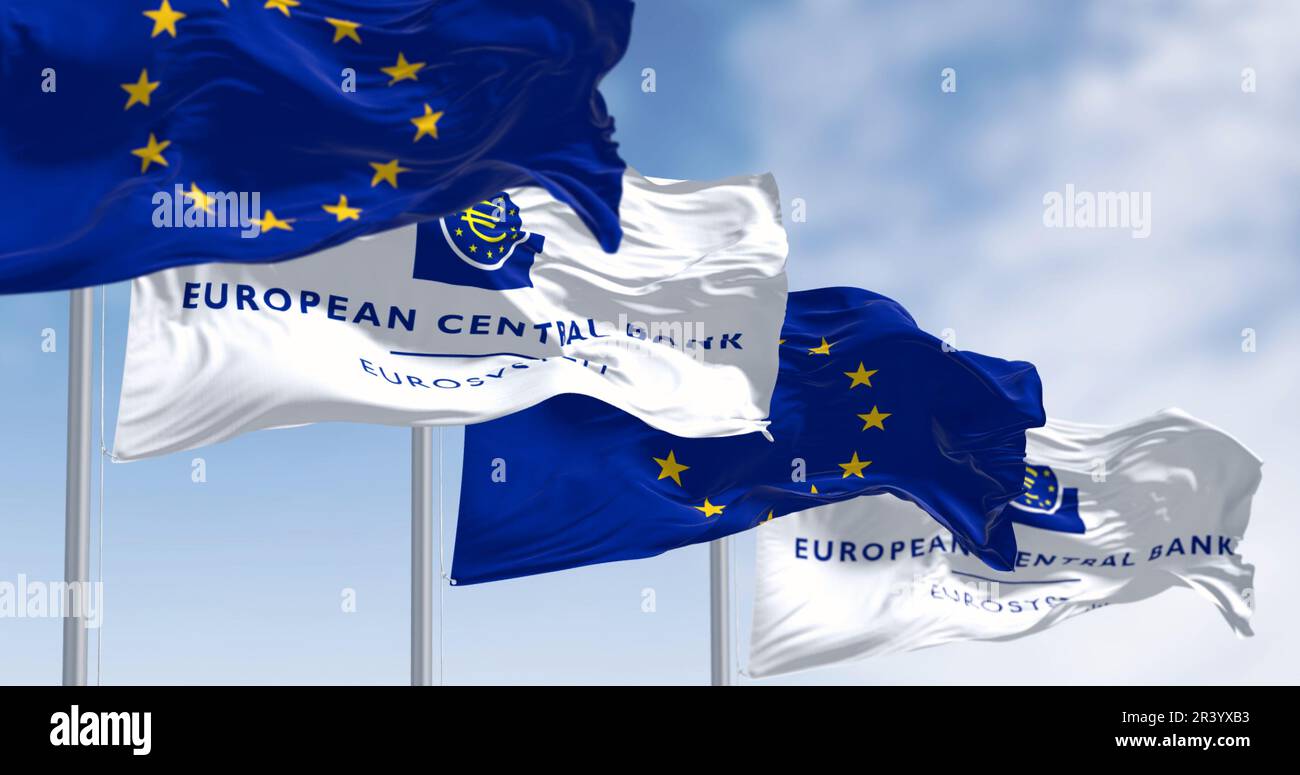 Frankfurt, DE, March 2023: Flags of the European Central Bank and ...