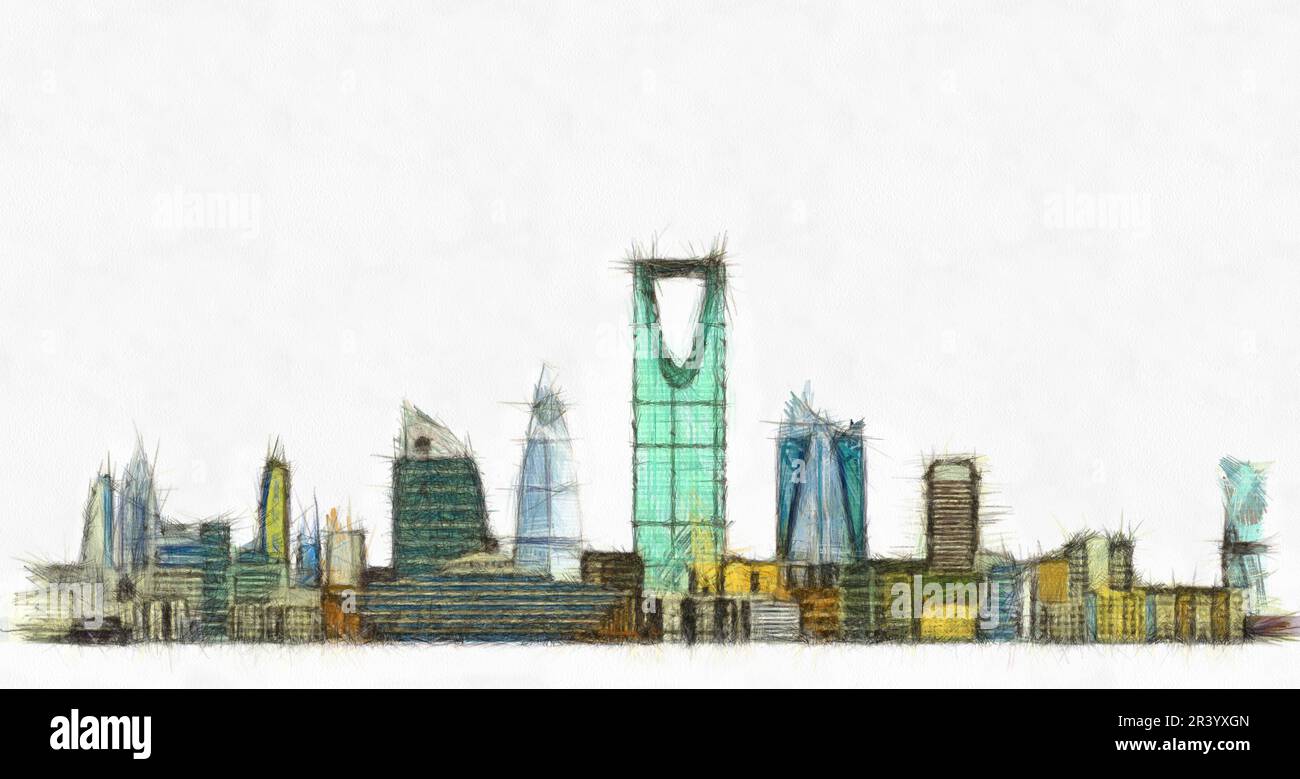 Riyadh city, Saudi Arabia main buildings paintings, illustration Stock ...