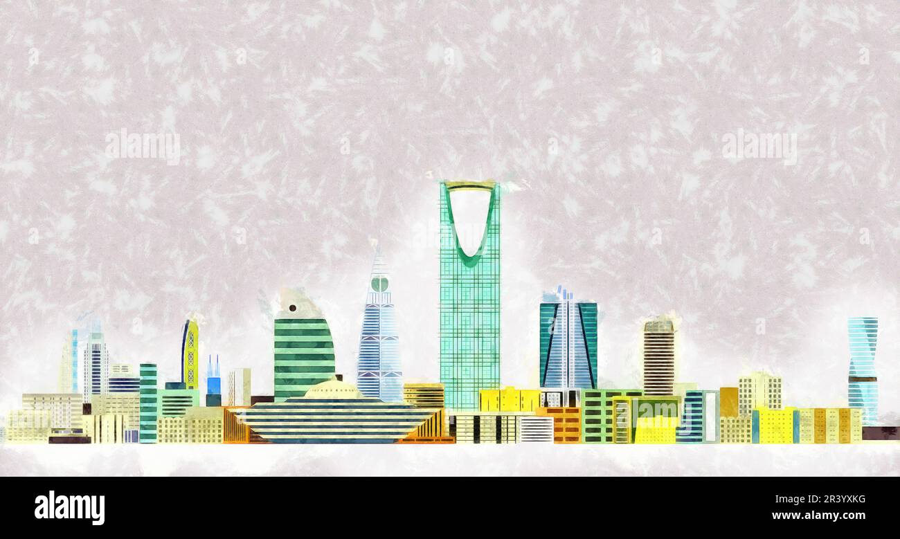 Riyadh city, Saudi Arabia main buildings paintings, illustration Stock ...