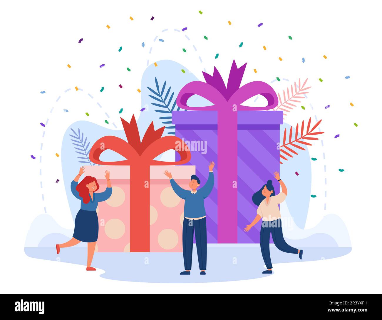 Confetti falling on happy winner in front of giant gift boxes Stock ...