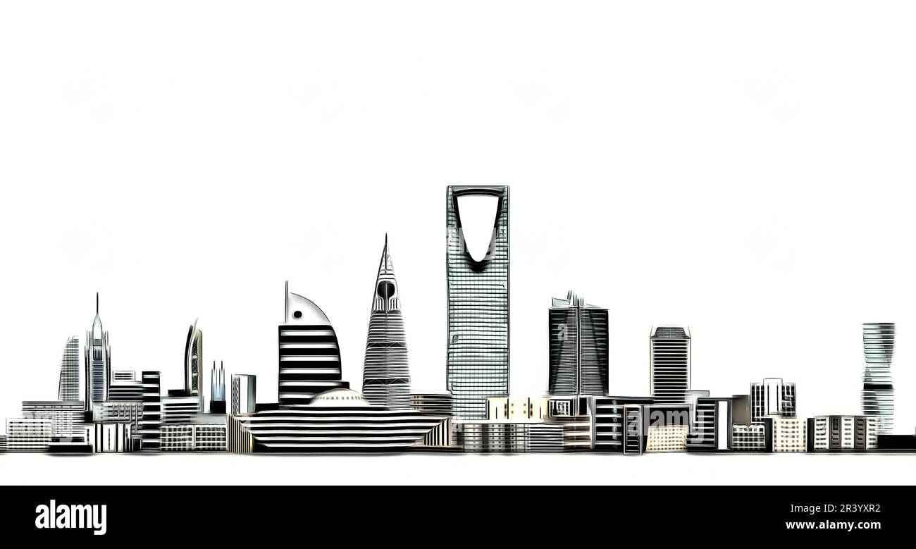 Riyadh city, Saudi Arabia main buildings paintings, illustration Stock ...