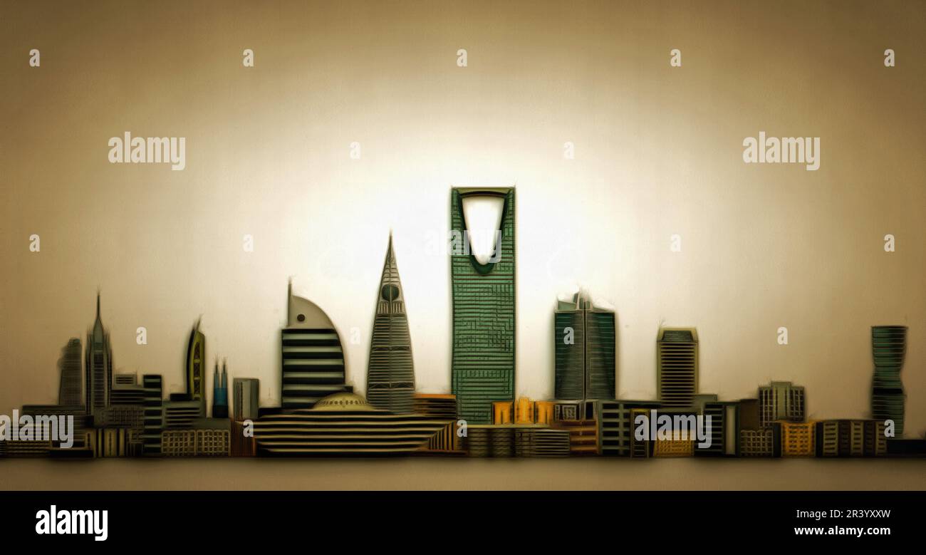 Riyadh city, Saudi Arabia main buildings paintings, illustration Stock ...
