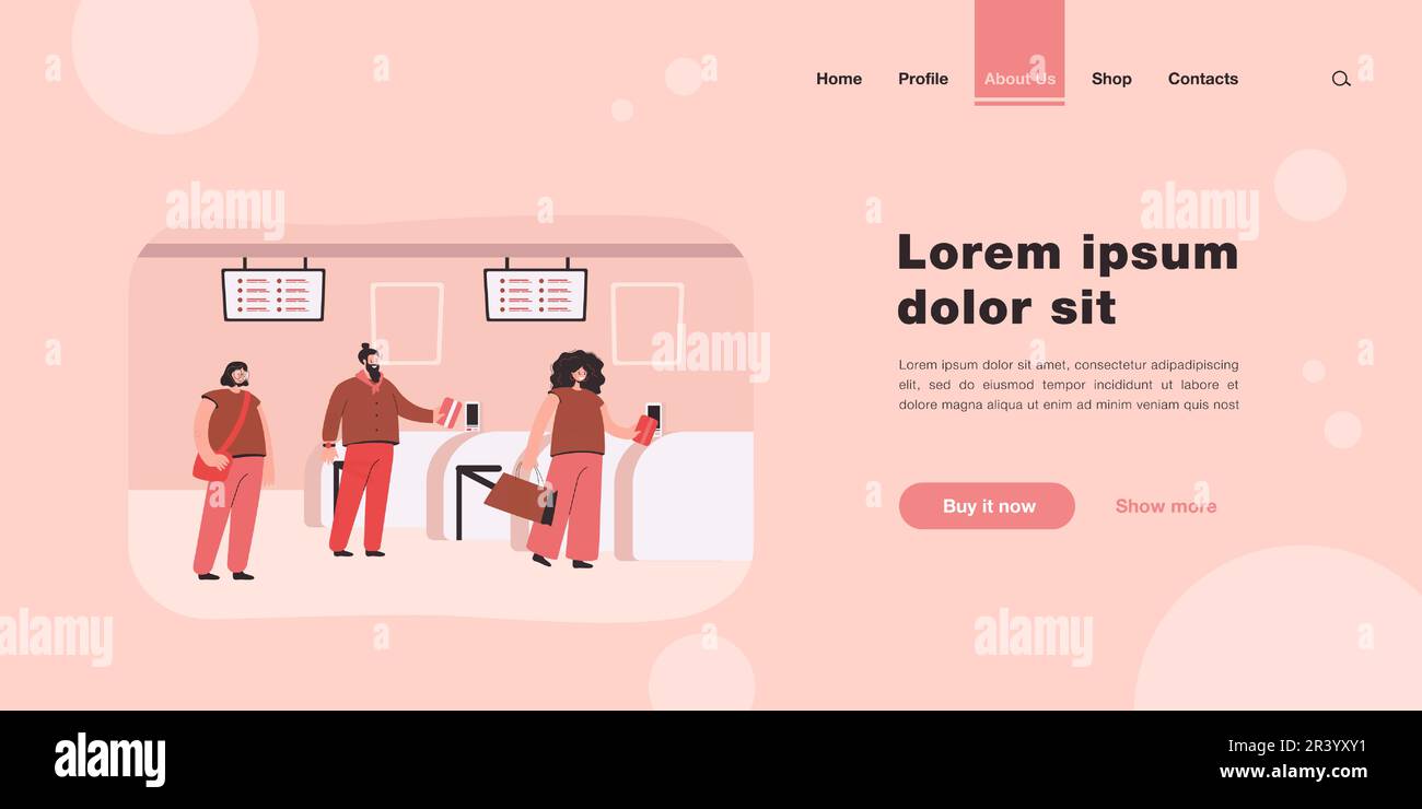 Passengers standing with tickets in line at automatic fare gate Stock ...