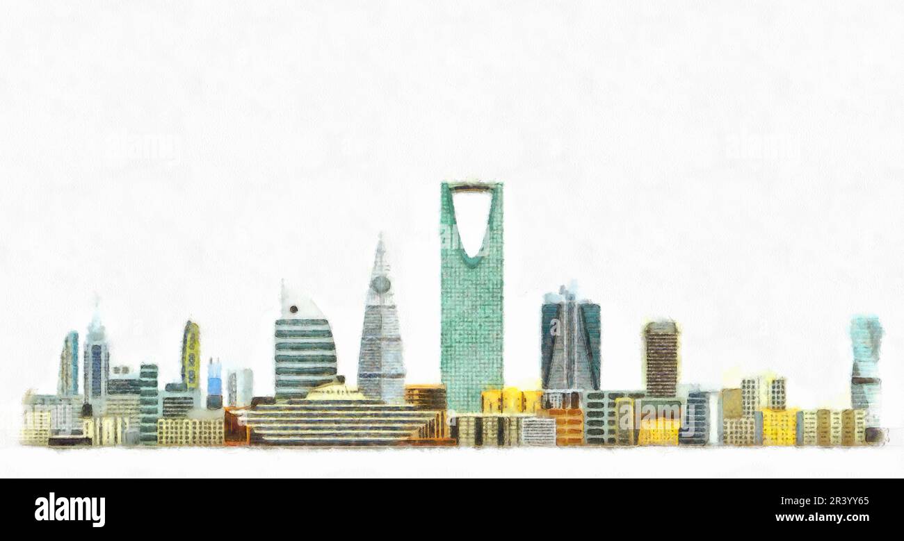 Riyadh city, Saudi Arabia main buildings paintings, illustration Stock ...