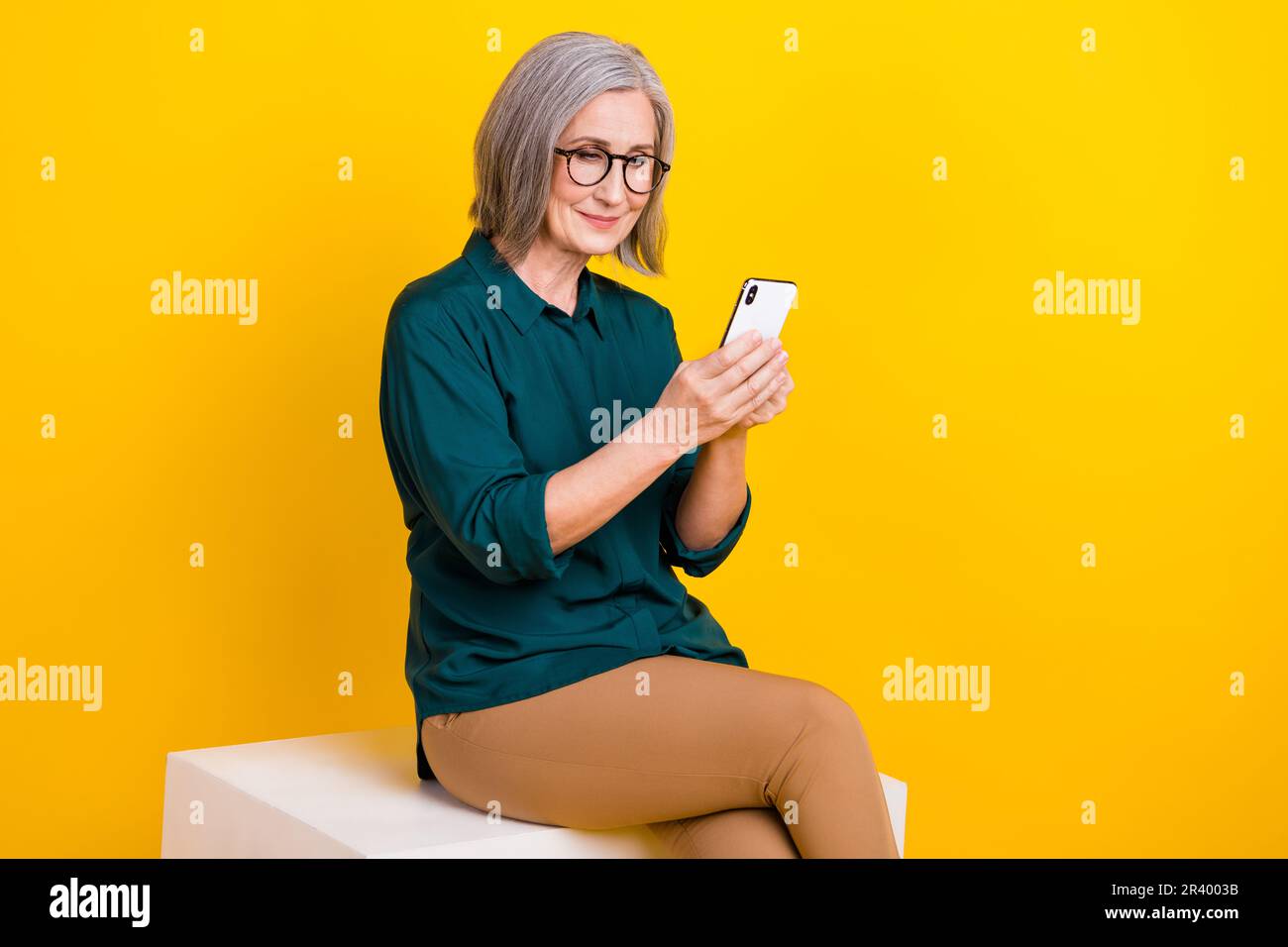 Photo of lady using modern device read shopping ads for buying check ...