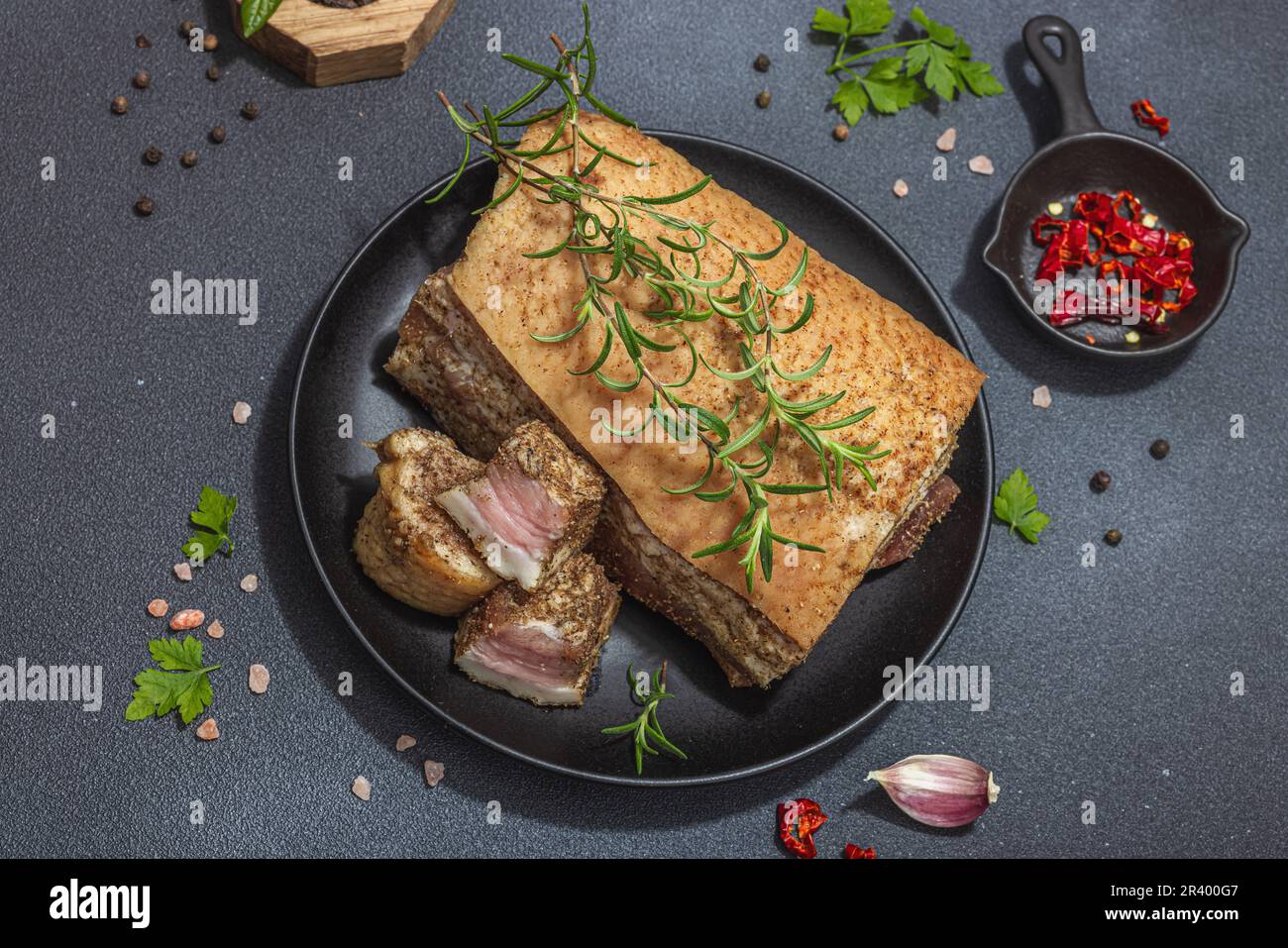 Pieces of salty high-fat meat cooked with spices. Salo, bacon, lard ...