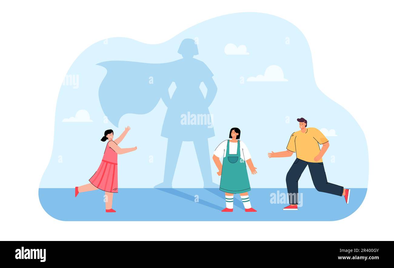 Friends running towards cartoon girl with superhero shadow Stock Vector ...
