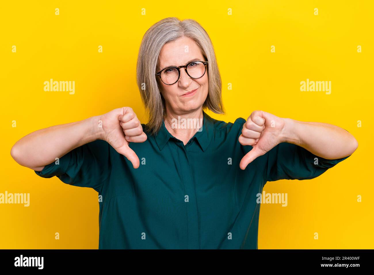 Photo of strict unsatisfied company chief arms fingers demonstrate ...