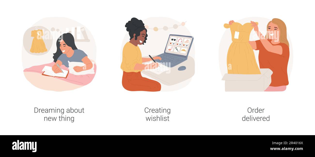 Shopping wishlist isolated cartoon vector illustration set. Girl ...