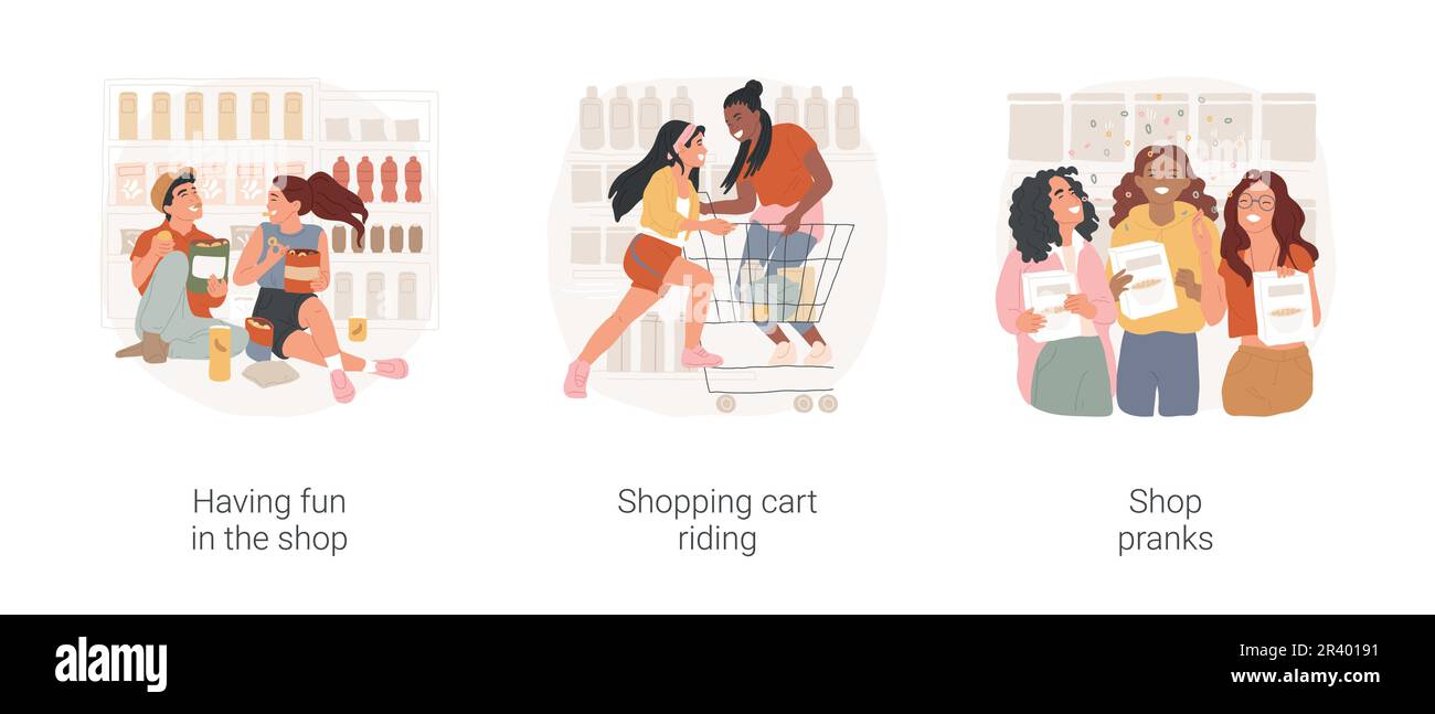 Fun in a grocery store isolated cartoon vector illustration set. Having ...