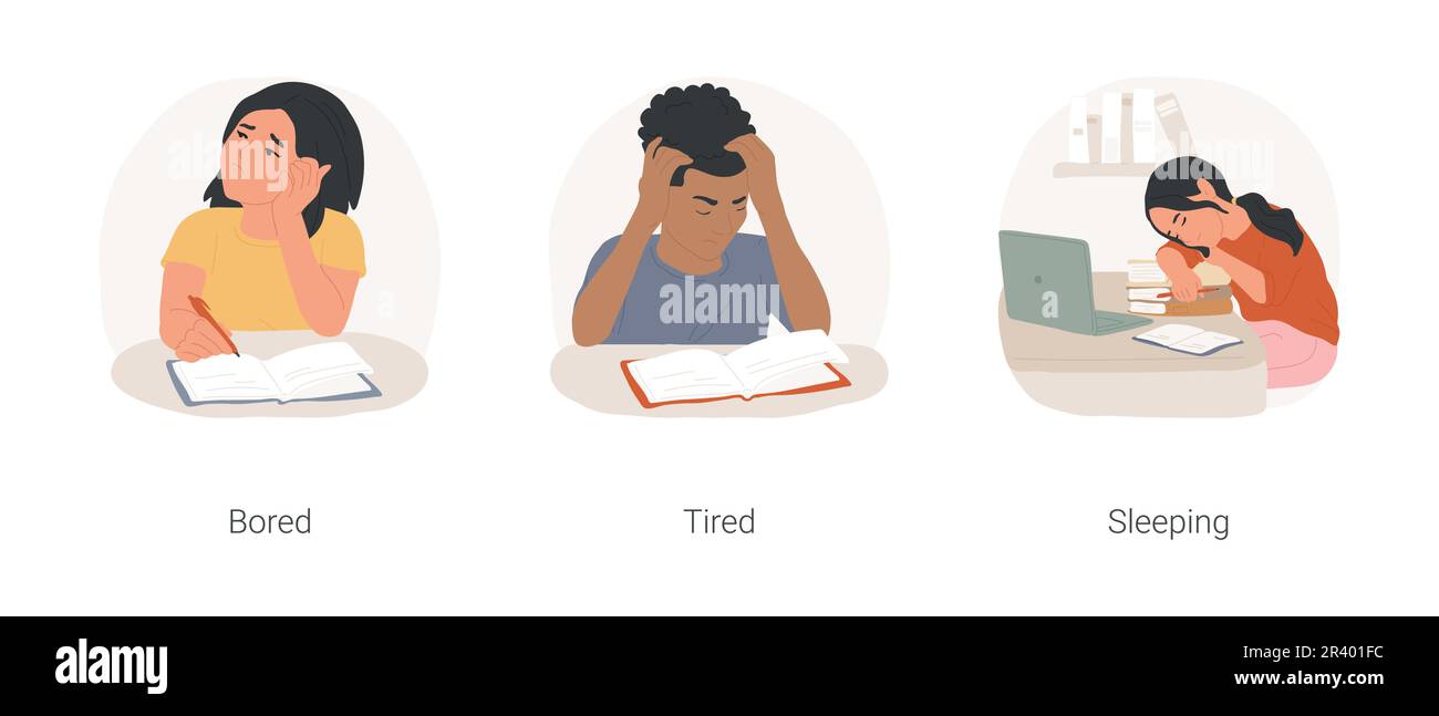 Doing homework isolated cartoon vector illustration set. Unhappy ...