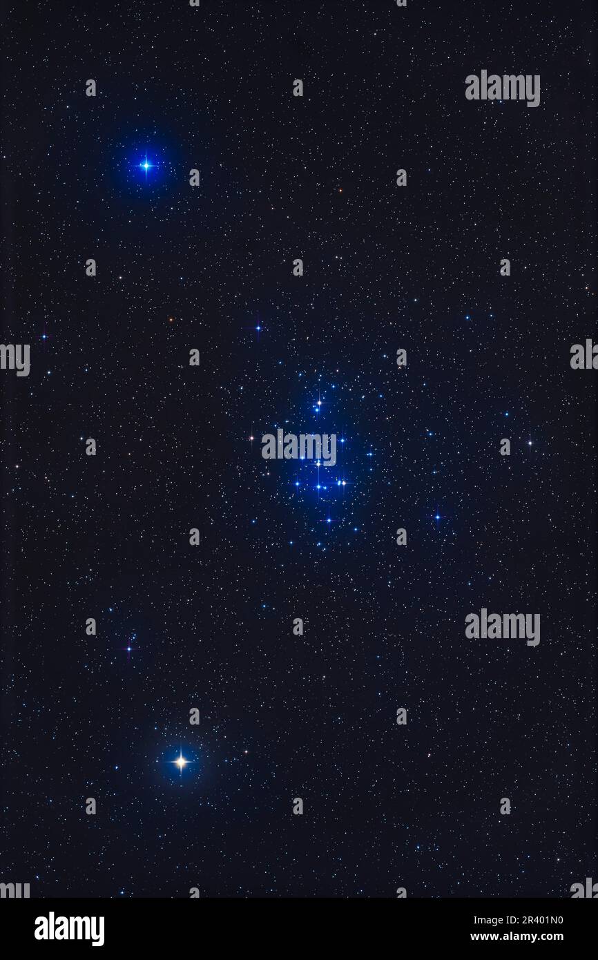 Messier 44, the Beehive Cluster, with stars Asellus Borealis at top and Asellus Australis at ...