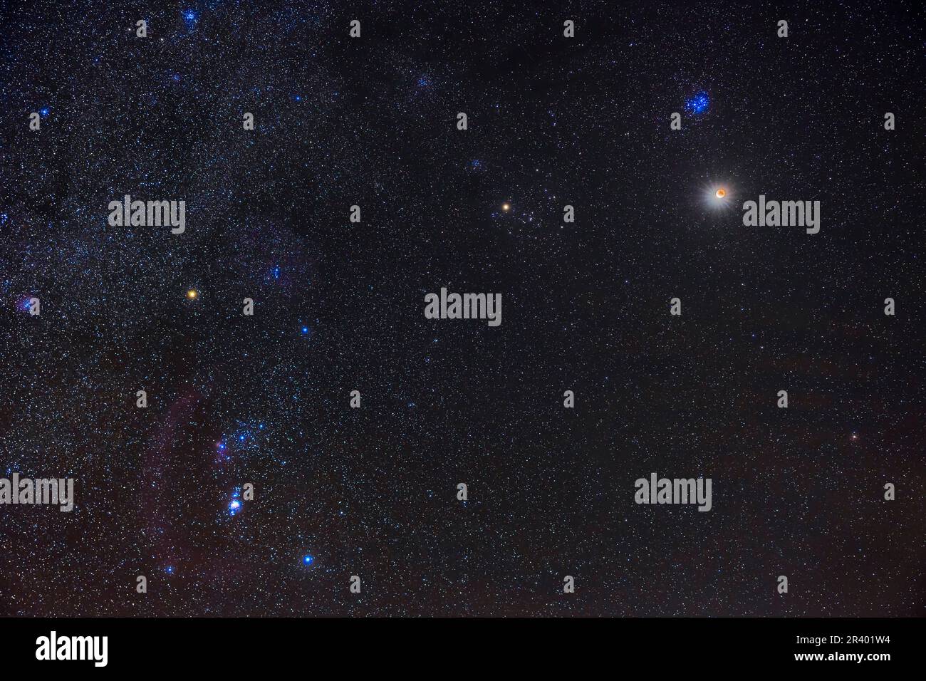 Partial eclipse of the moon below the Pleiades star cluster, and with ...