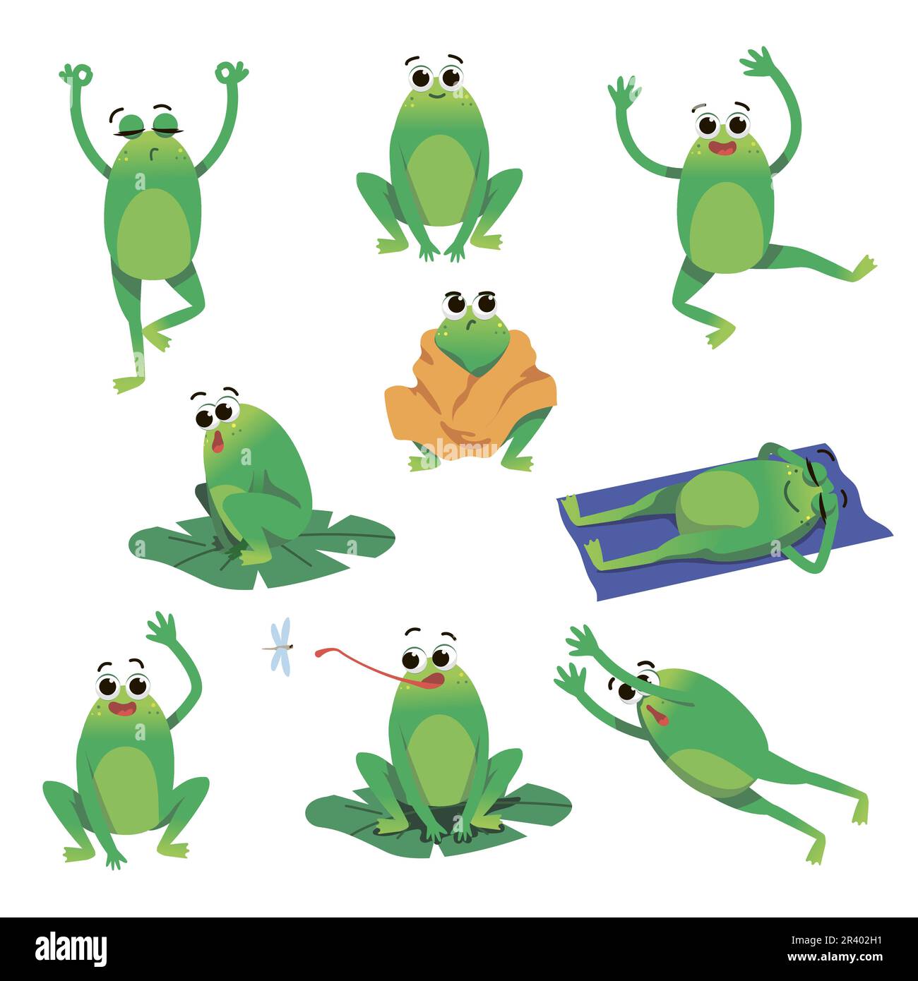 Cute green toad cartoon character vector illustrations set Stock Vector ...