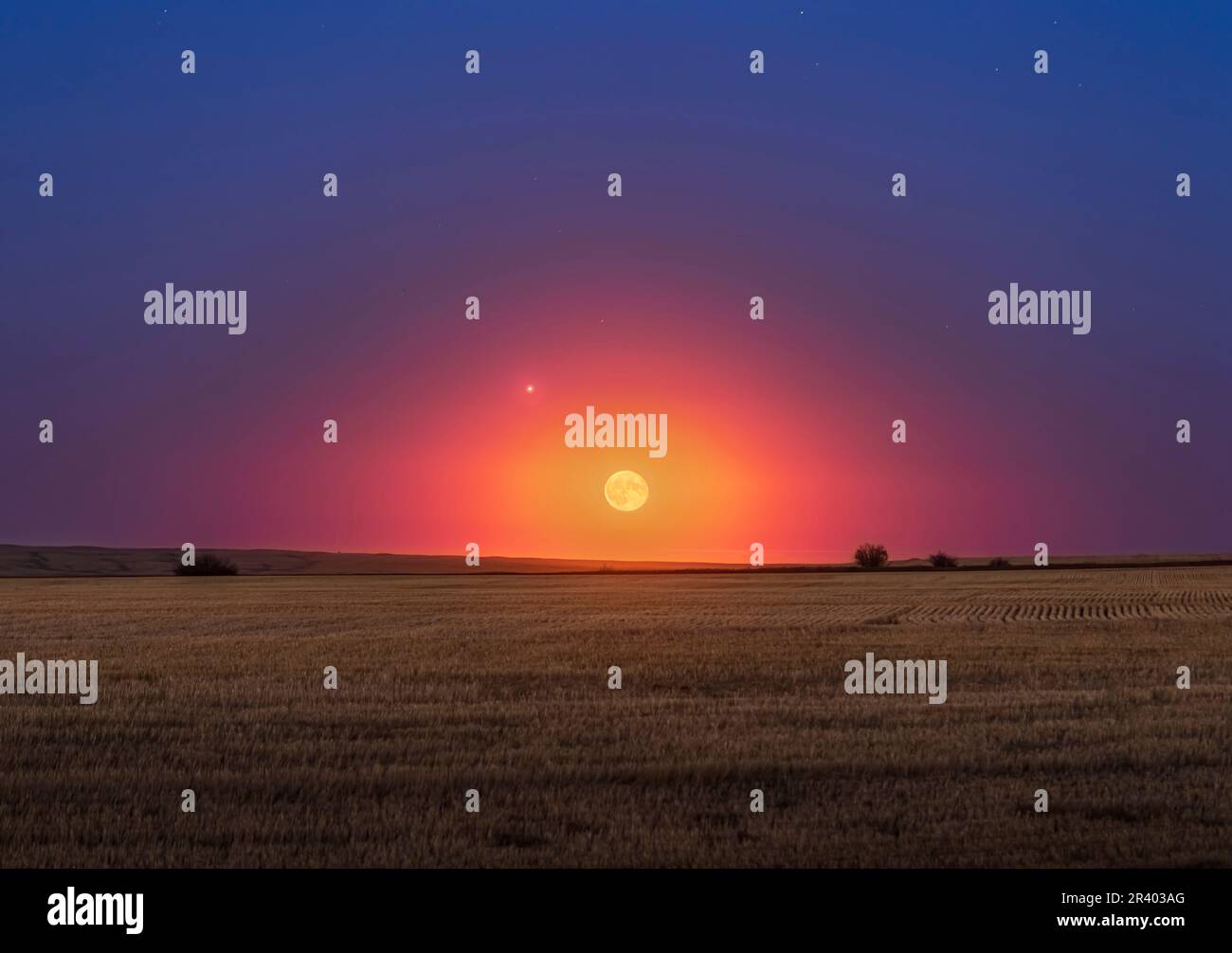 The nearly full moon rising in conjunction just below Mars, southern ...