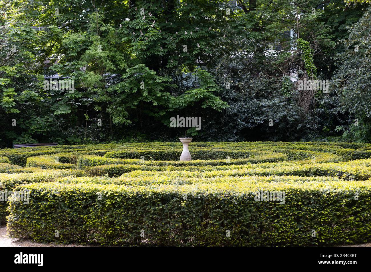 A sundial in the center of the yew maze, at Iveagh Gardens in Dublin ...