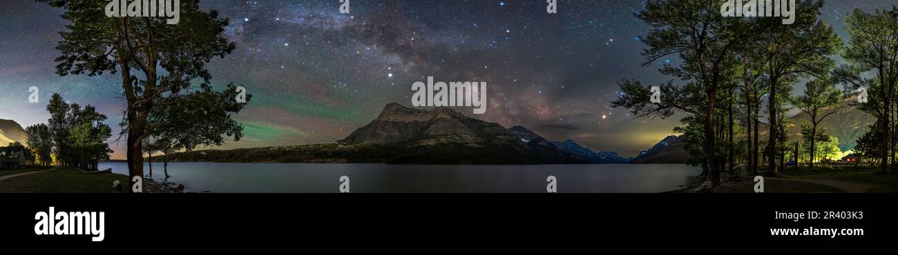 Nightscape panorama of Waterton Lakeshore in Canada, with Milky Way ...