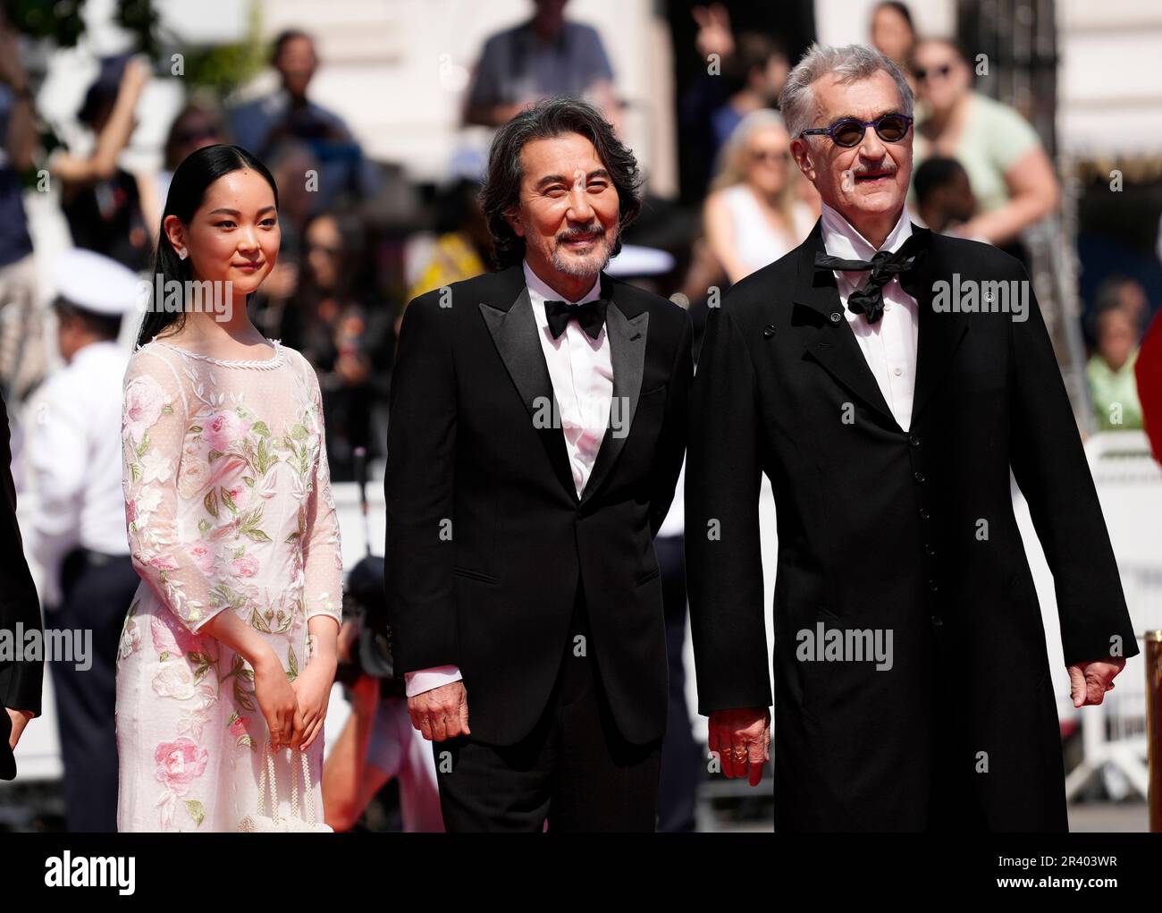 Arisa Nakano, from left, Koji Yakusho, and director Wim Wenders pose ...