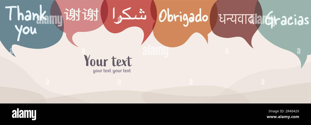 Colored speech bubble banners with the text -Thank you translated into ...