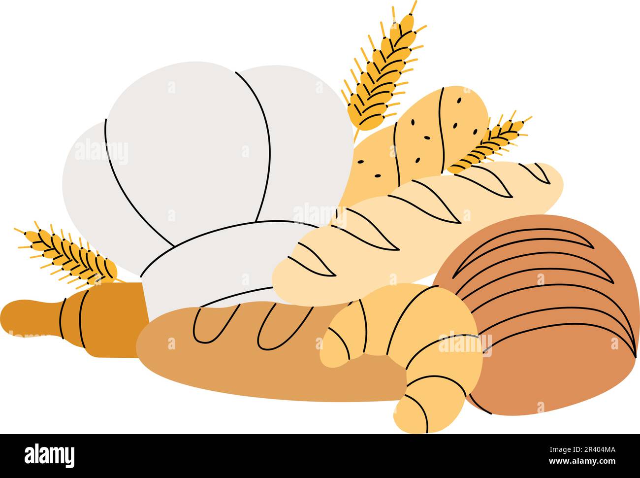 Bakery sketch. Bread house. Bakery collection. Wheat bread, pretzel ...