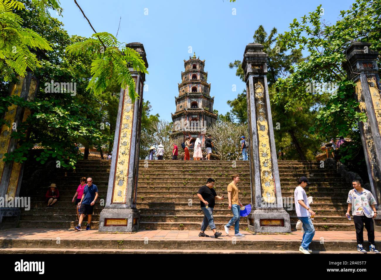 Steps up to Thien Mu Pagoda, a seven storeys tall octagonal tower from ...