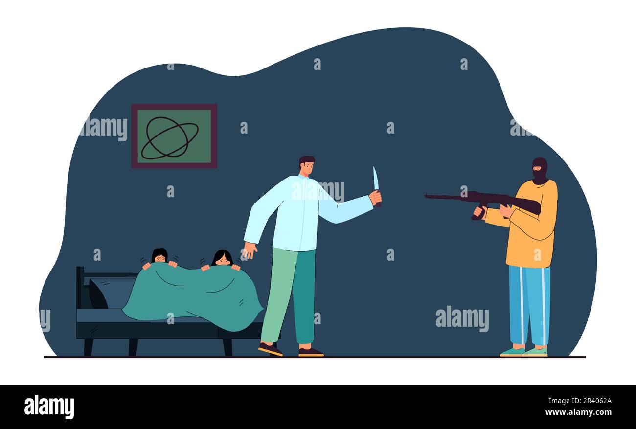 Burglar in mask pointing gun at brave father with knife Stock Vector ...