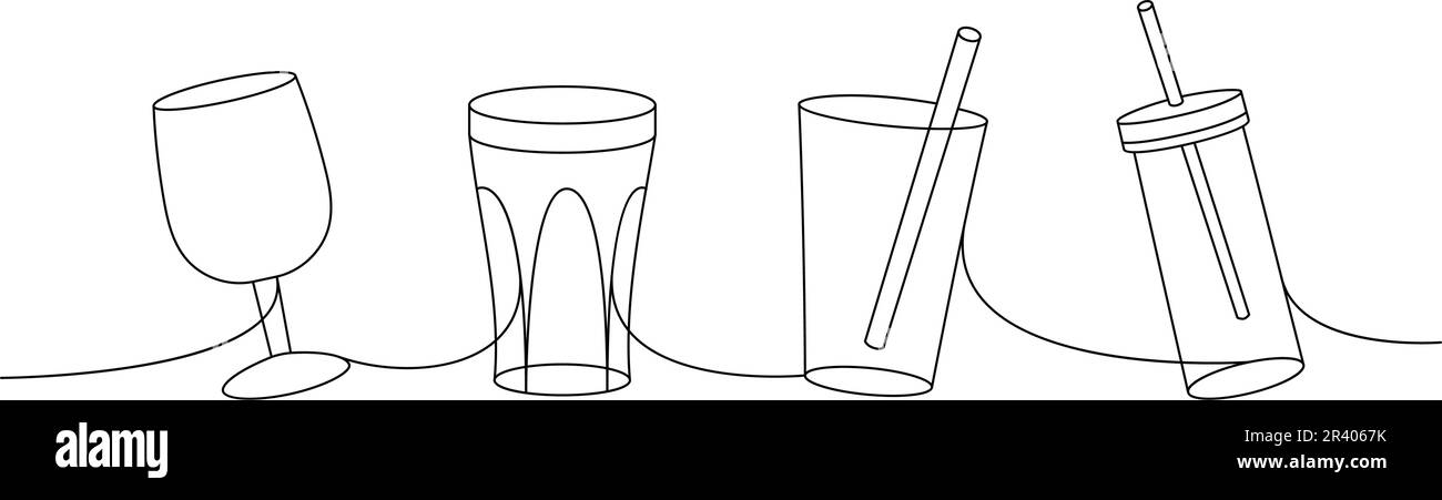 Glass cups one line continuous drawing. Empty glass cups continuous one ...