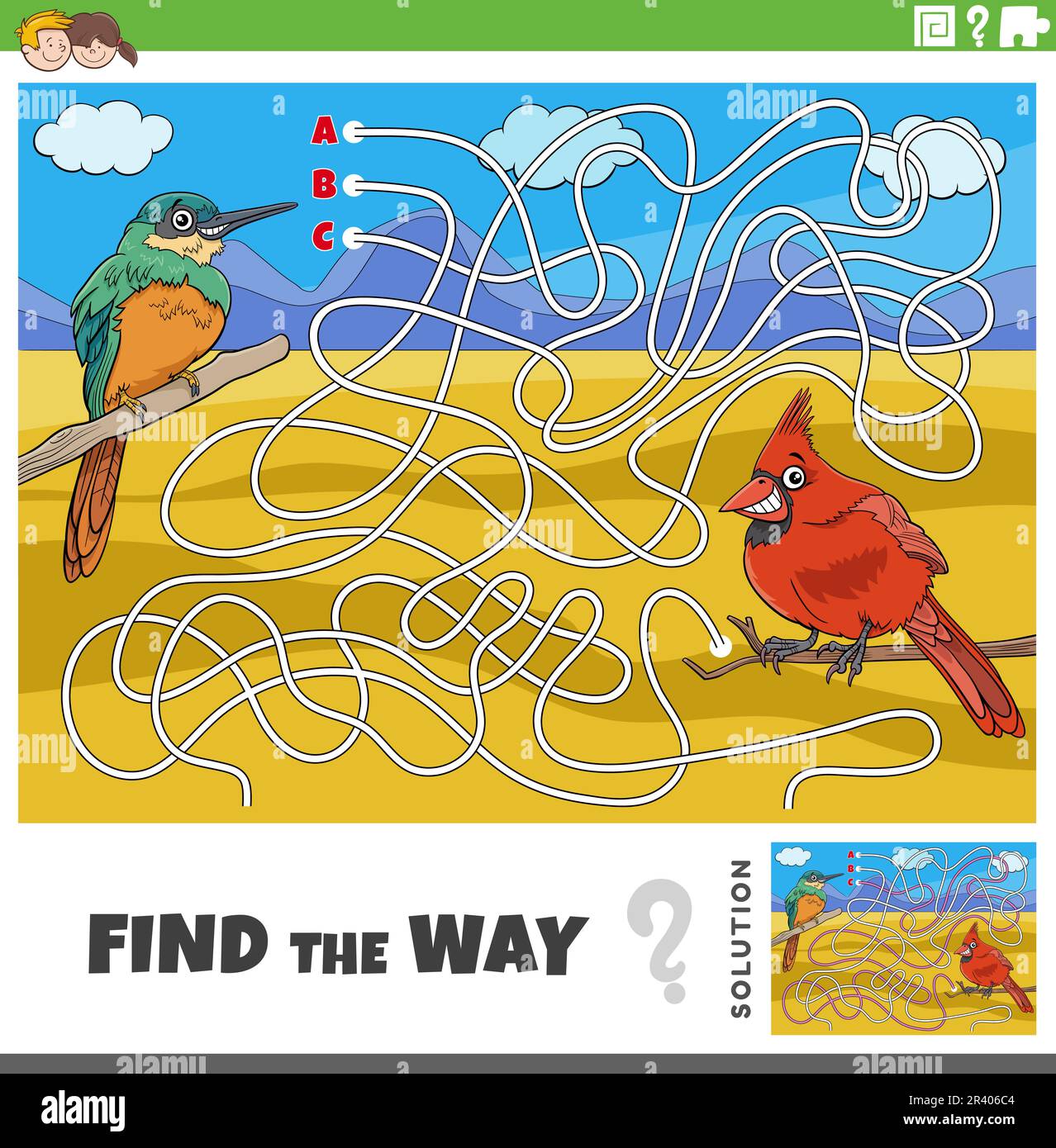 Find the way maze game with cartoon birds characters Stock Photo - Alamy