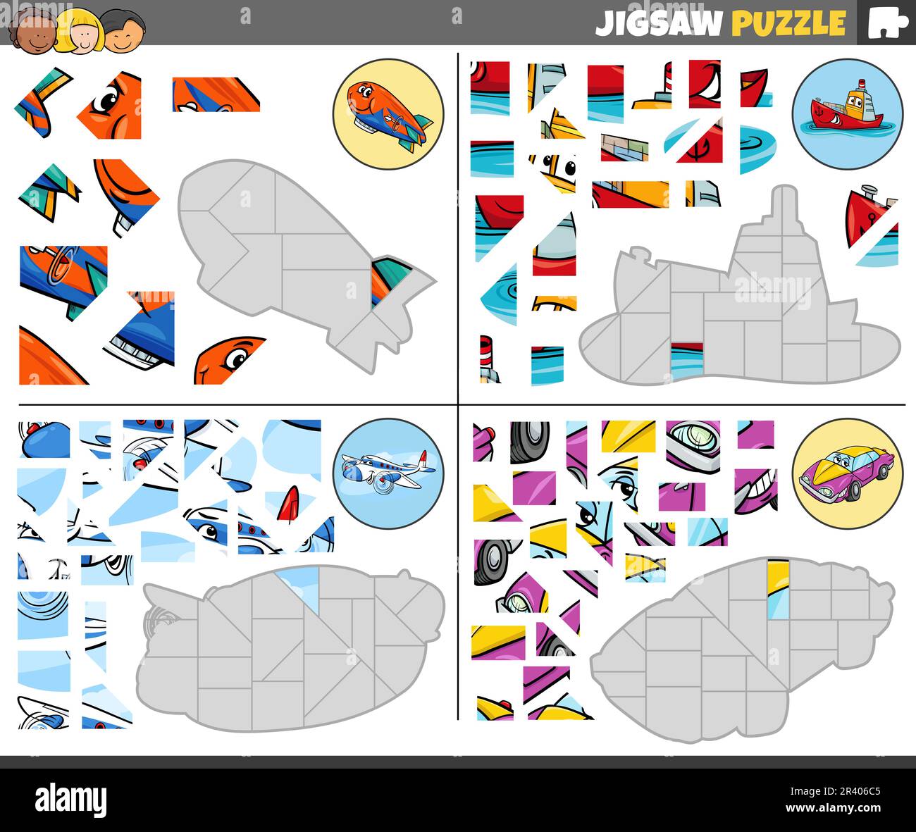 Jigsaw puzzle games set with funny cartoon vehicles Stock Photo - Alamy