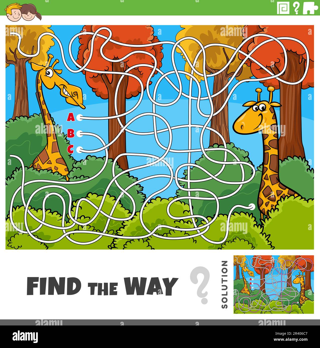 Find the way maze game with cartoon giraffe characters Stock Photo - Alamy