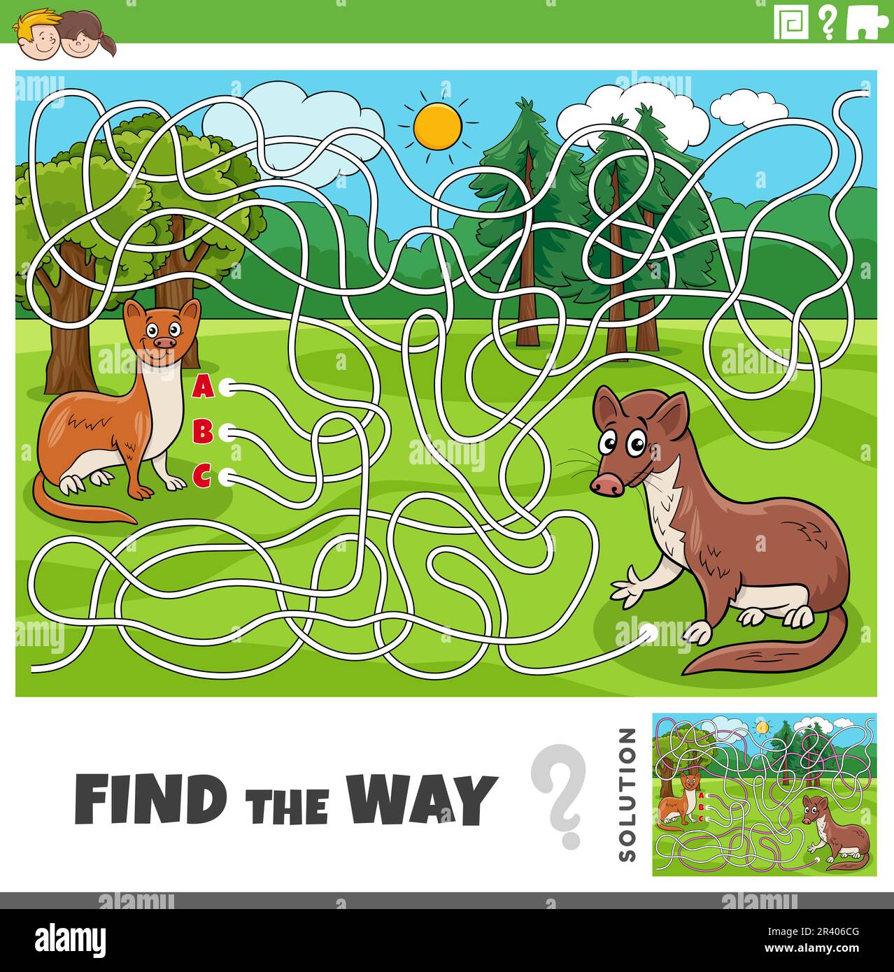 Find the way maze game with cartoon weasel characters Stock Photo - Alamy