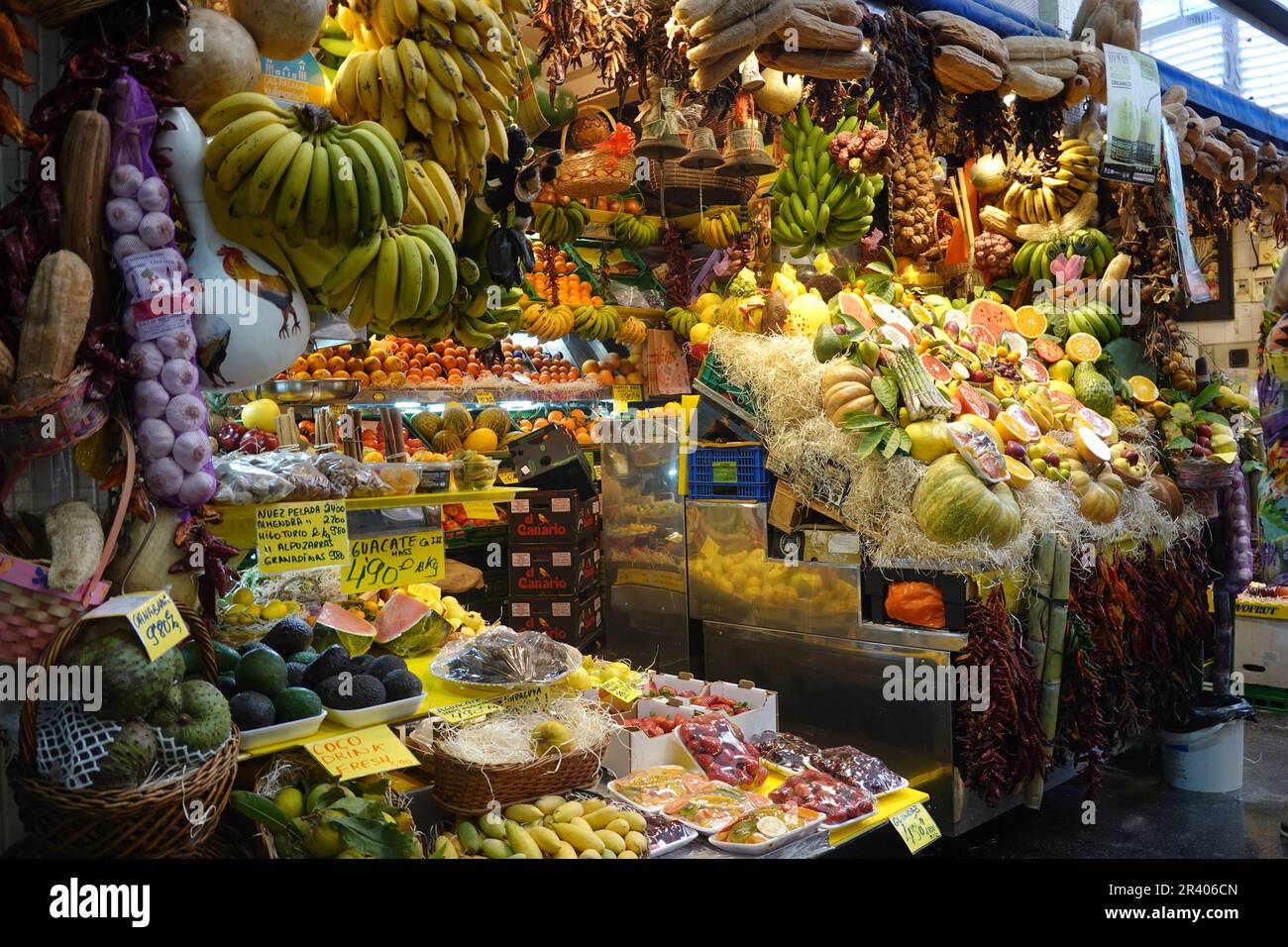 Overwhelming offer of fruits and vegetables in the market hall Mercado ...