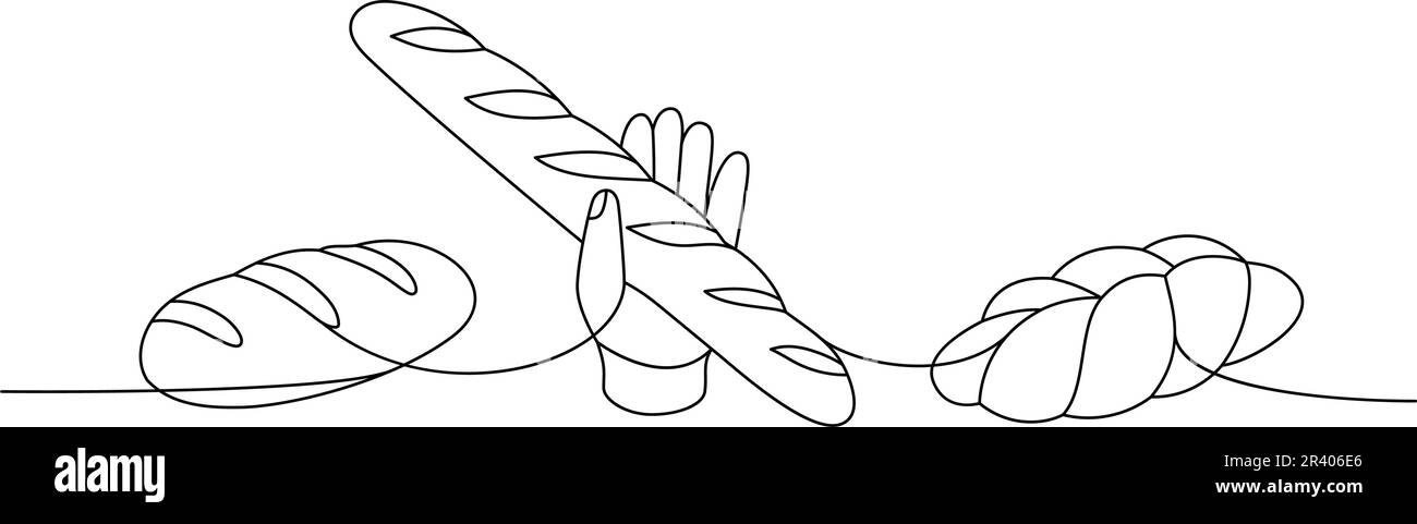 Set of bakery products one line continuous drawing. Wheat bread ...