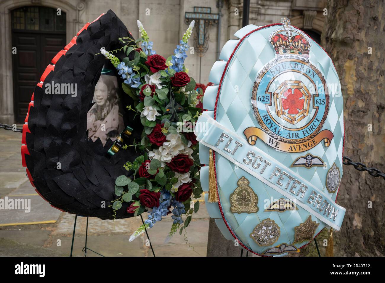Memorial wreaths before the funeral service of Flt Sgt Peter Brown, a ...